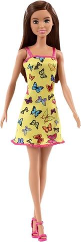 Barbie Doll With Yellow Butterfly And Barbie Logo Print Dress & Strappy ...